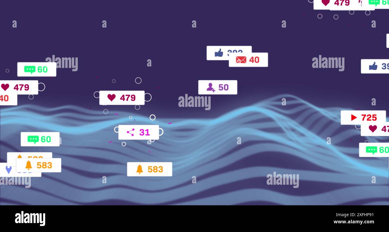 Image of icon and changing numbers over dynamic wave pattern against ...