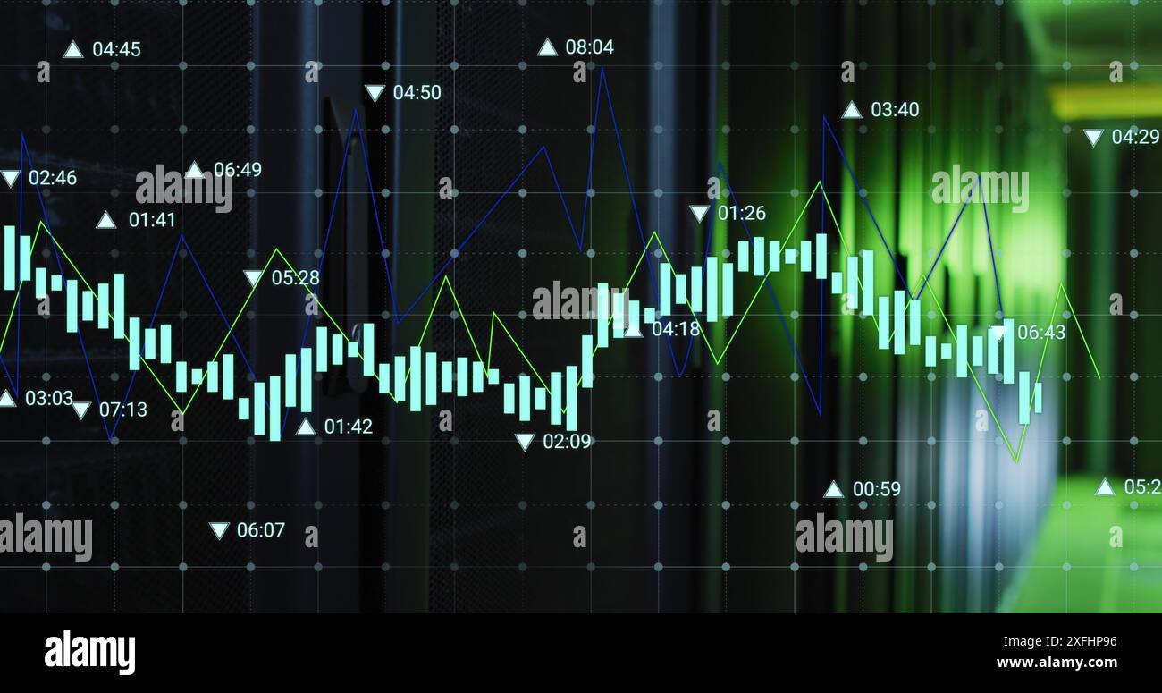 Image of multiple graphs with changing numbers over data server racks in server room Stock Photo ...