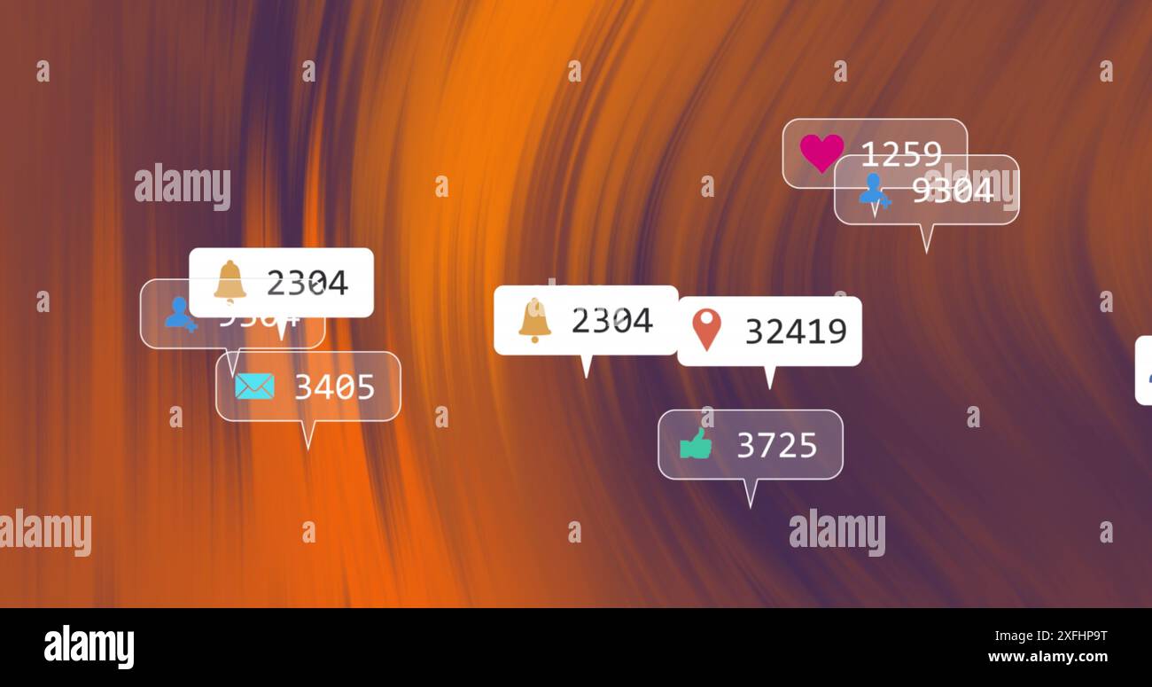 Image of icons and changing numbers in notification bars over abstract ...