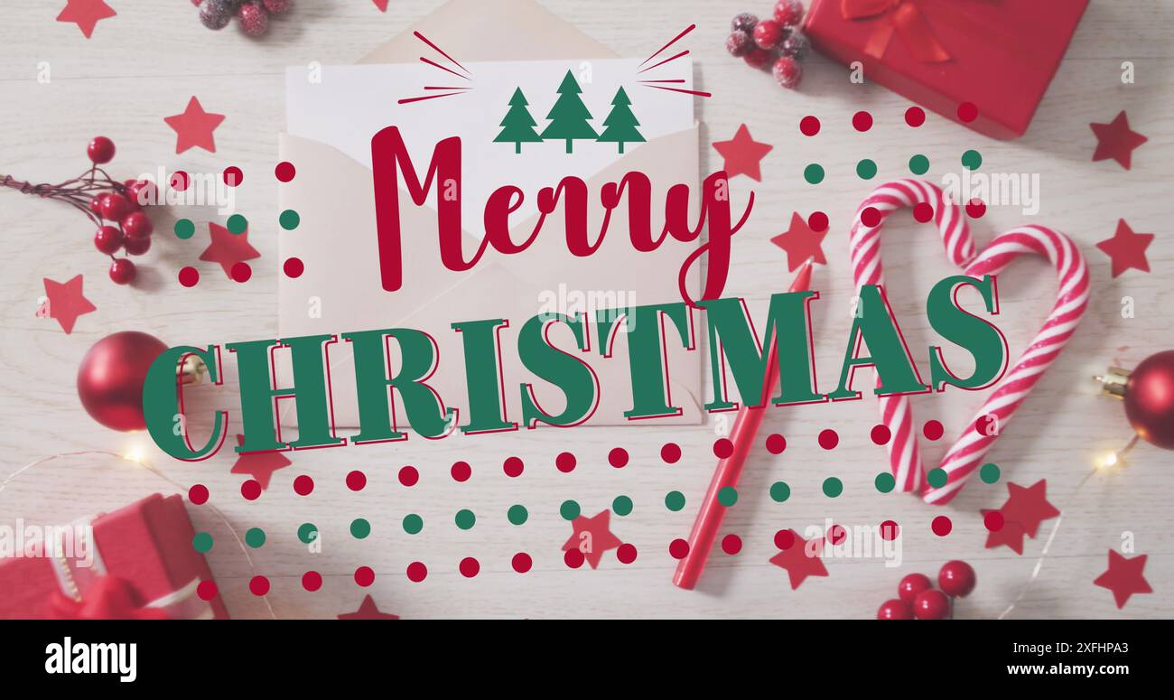 Image of merry christmas text with tree icons and dots over gift box ...