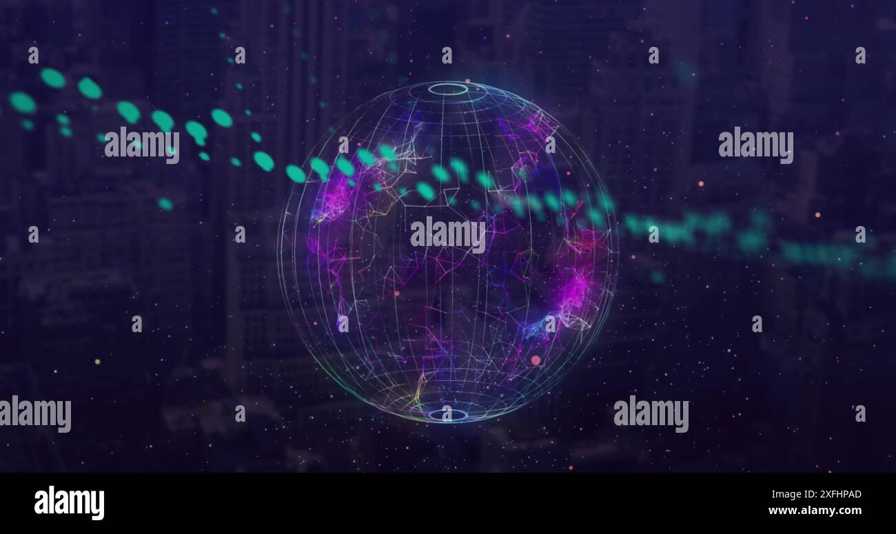 Image of graph, changing numbers and globes over abstract background ...