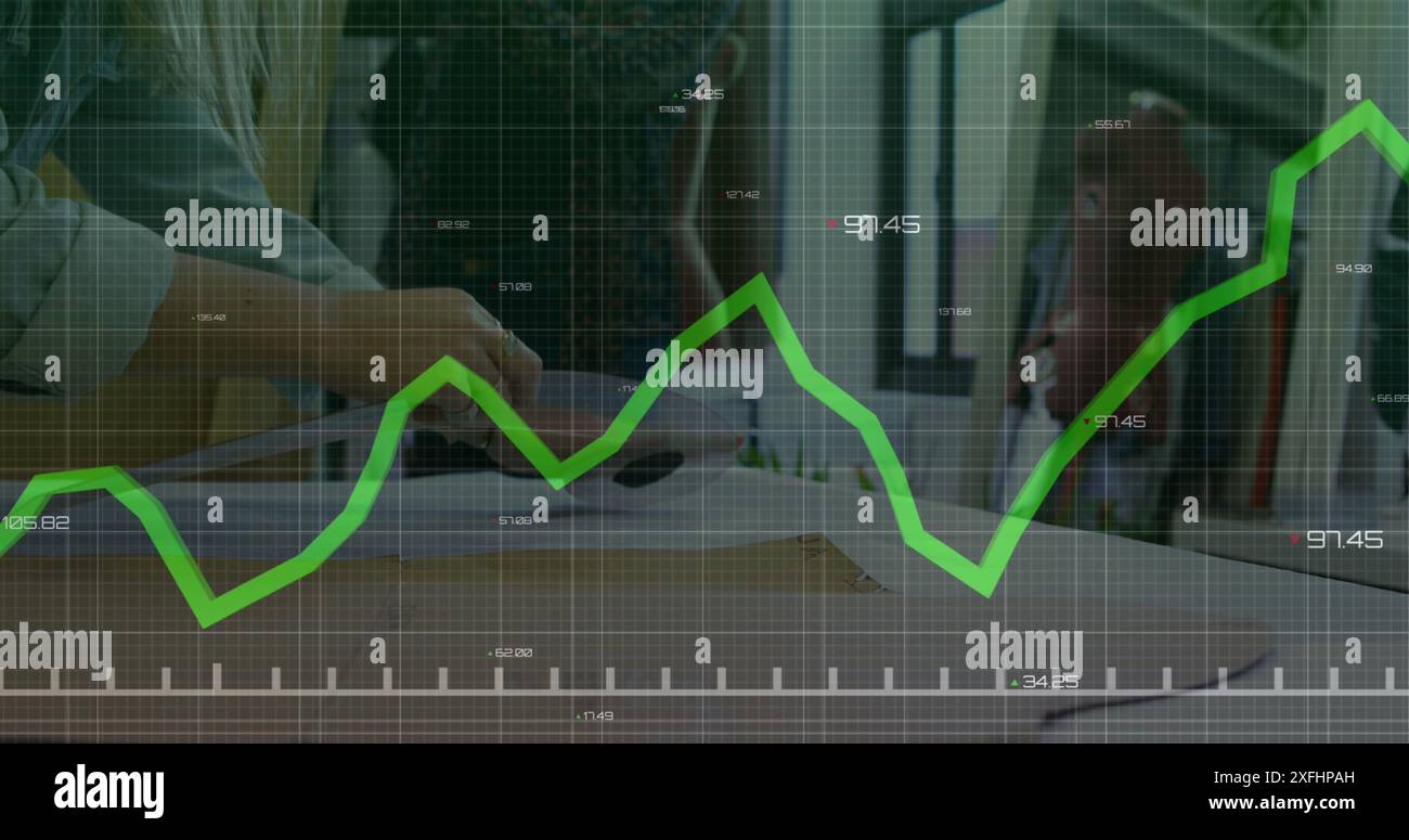 Image of graphs with changing numbers over caucasian woman drawing ...