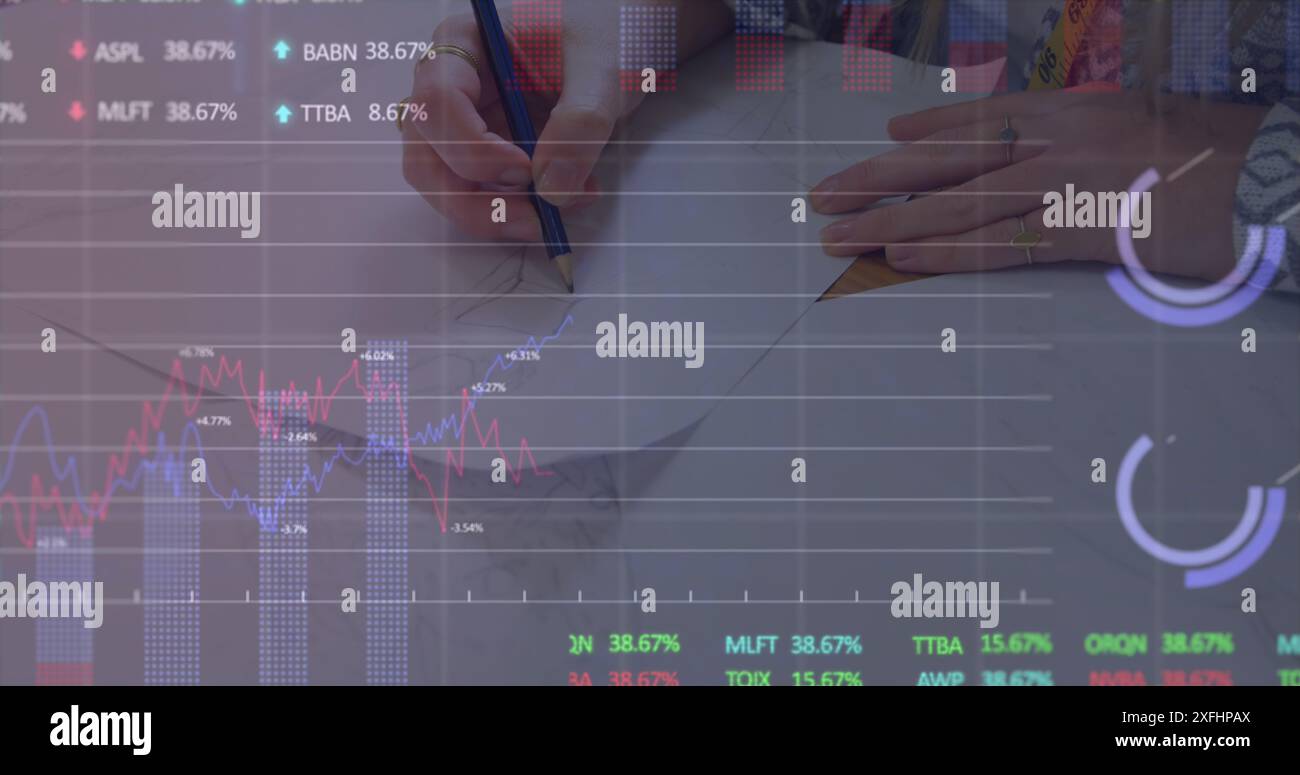 Image of graphs and trading boards, overhead view of caucasian woman ...