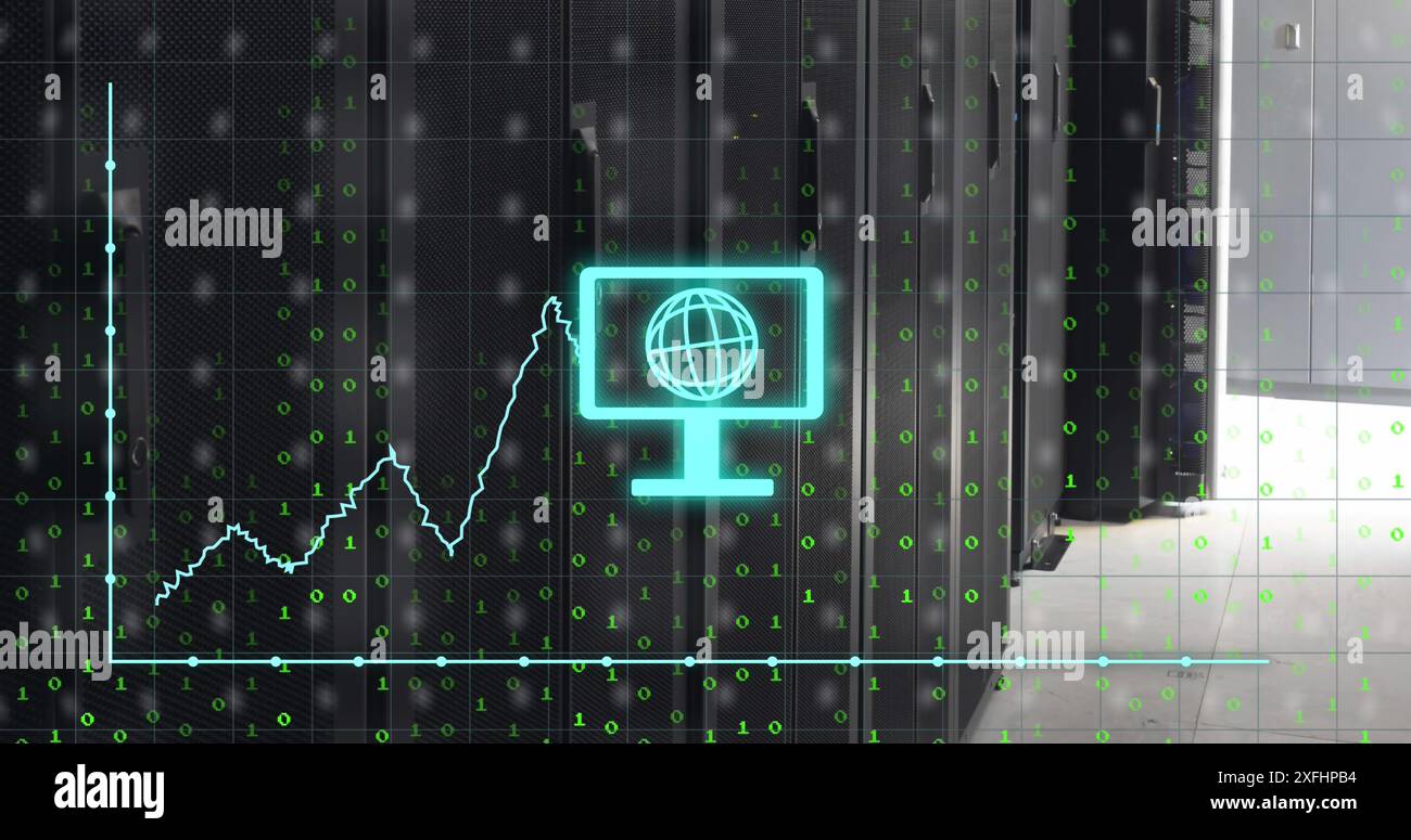 Image of computer with globe, binary codes, graphs, social media icons over data server room ...