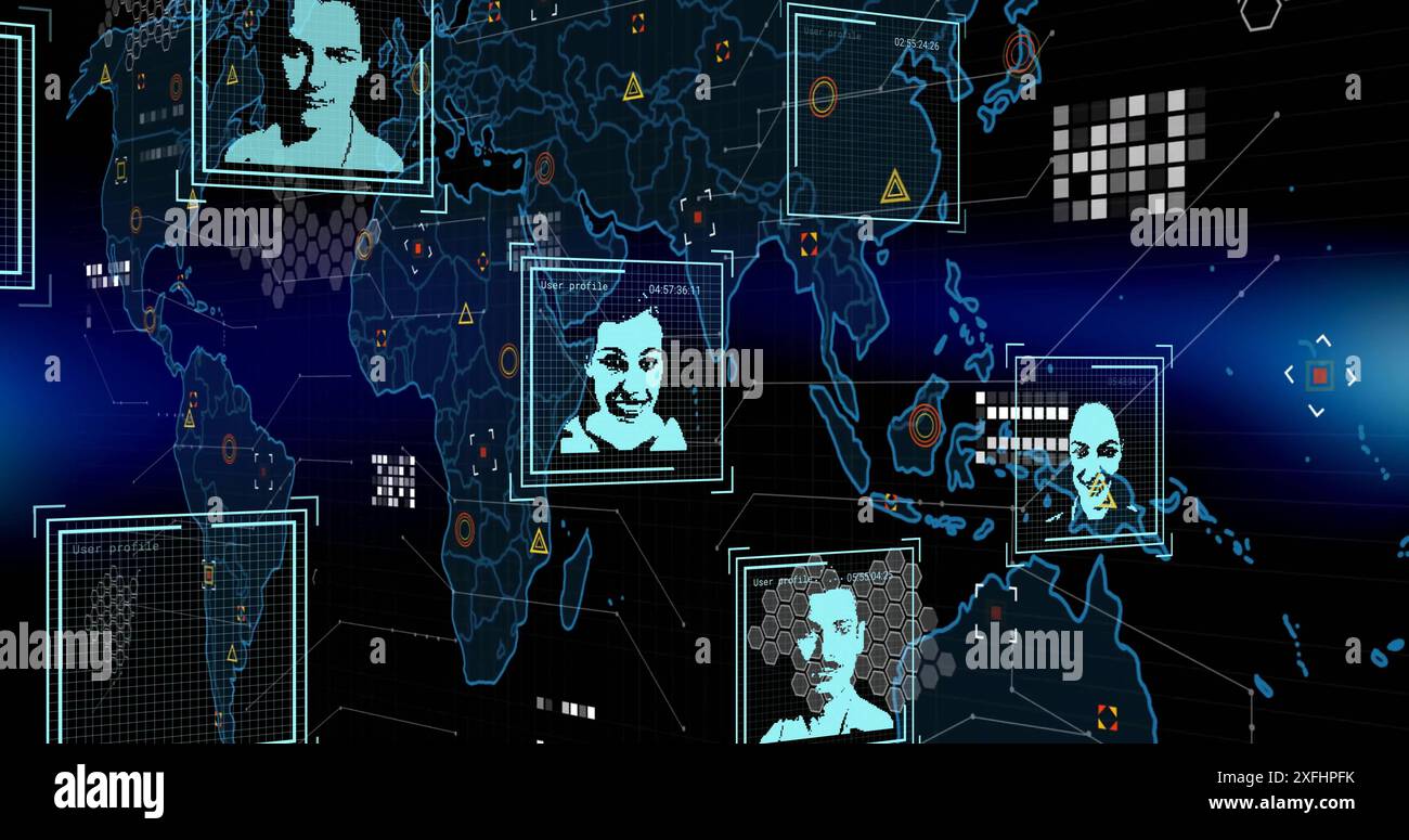 Image of biometric photos, data processing over world map on dark ...