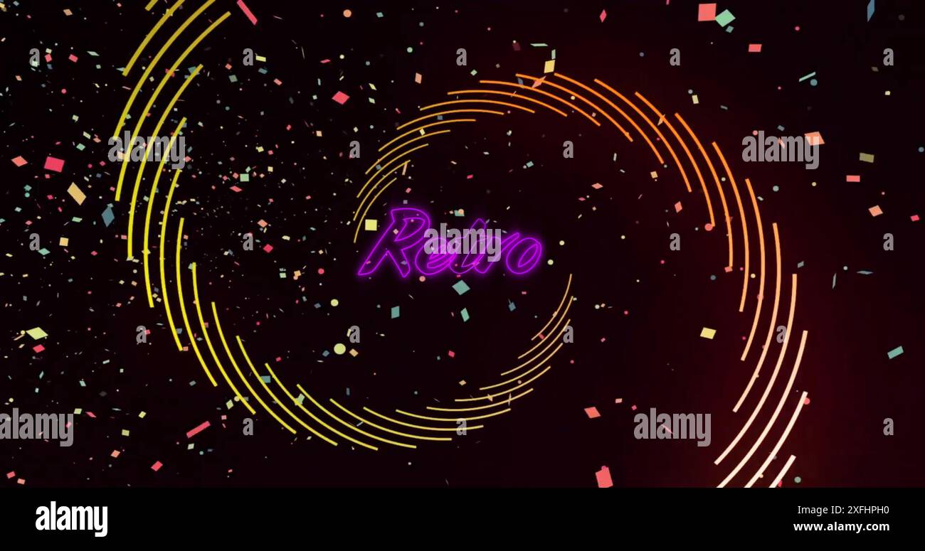 Image of retro text over confetti and shapes on black background Stock ...