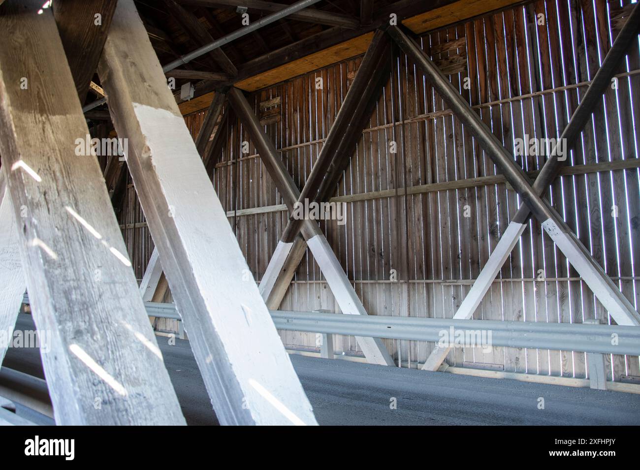Truss members inside the wooden covered bridge in Hartland, New ...
