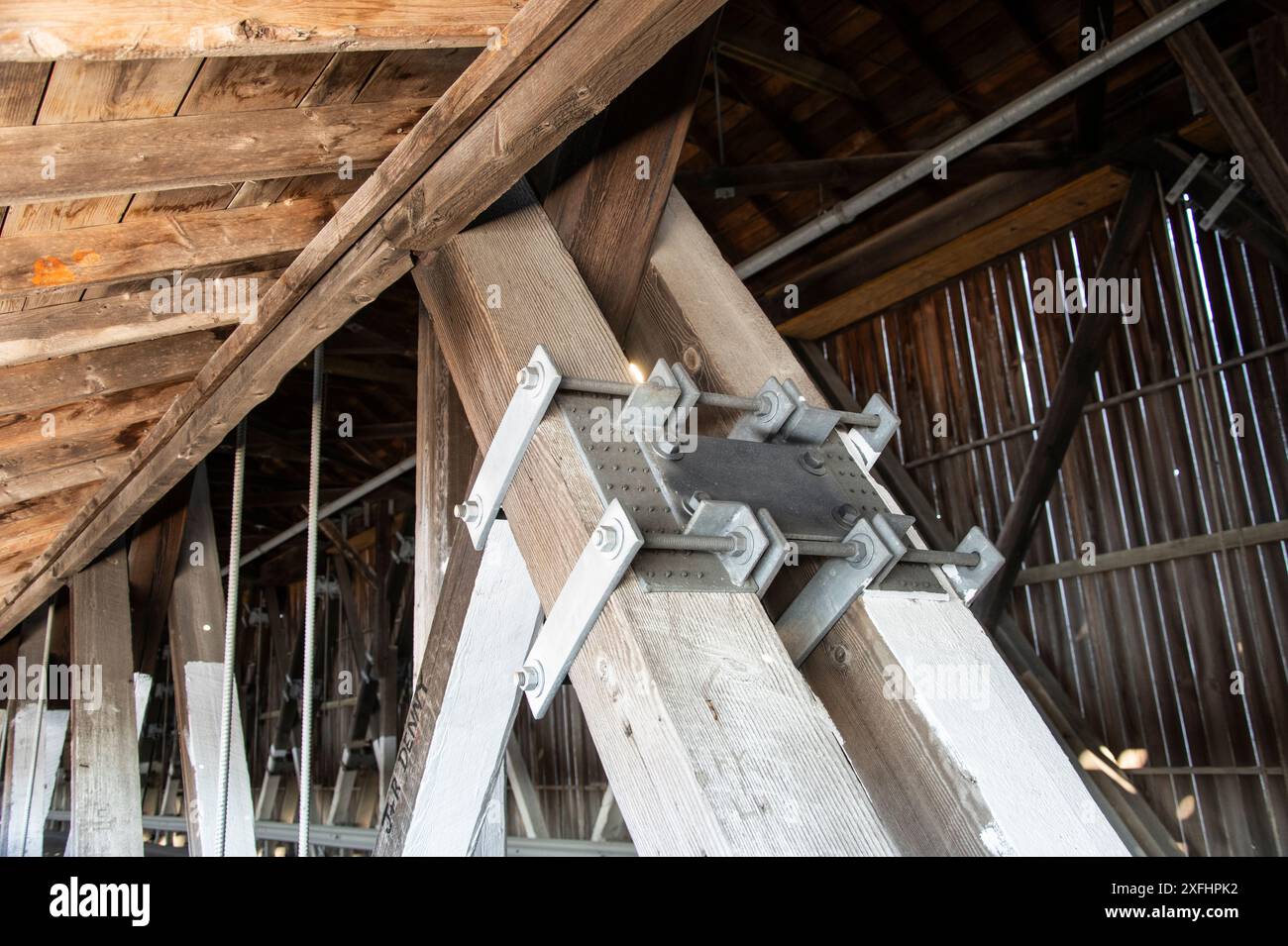 Truss members inside the wooden covered bridge in Hartland, New ...