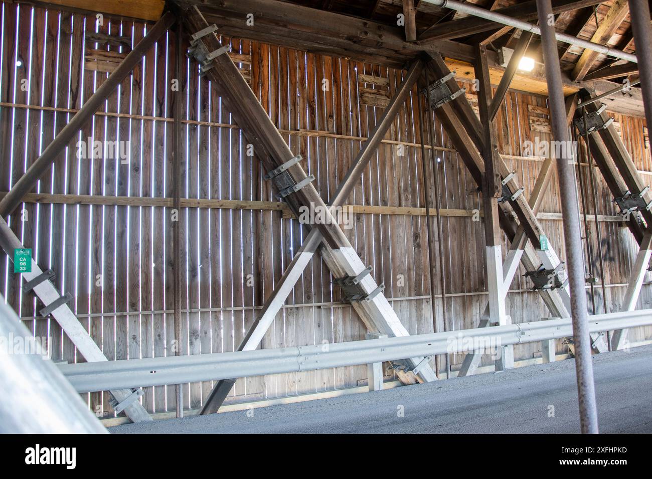 Truss members inside the wooden covered bridge in Hartland, New ...