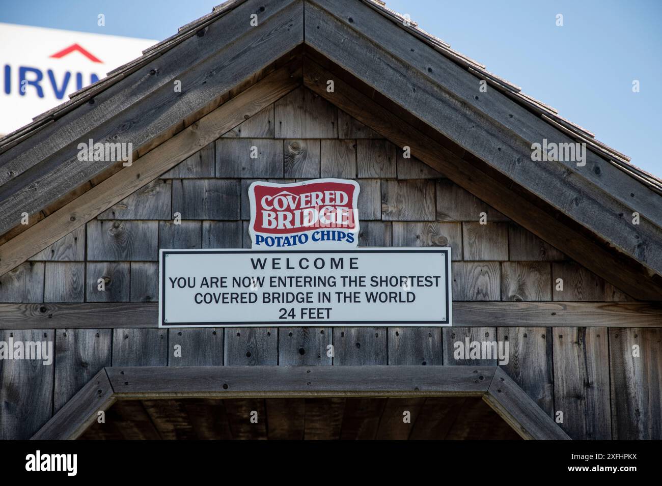 Welcome to Covered Bridge Potato Chips shortest covered bridge sign on ...