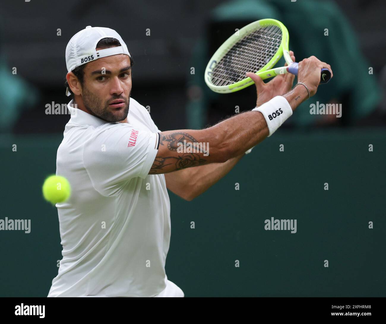 London, Britain. 3rd July, 2024. Matteo Berrettini of Italy hits a return during the men's ...