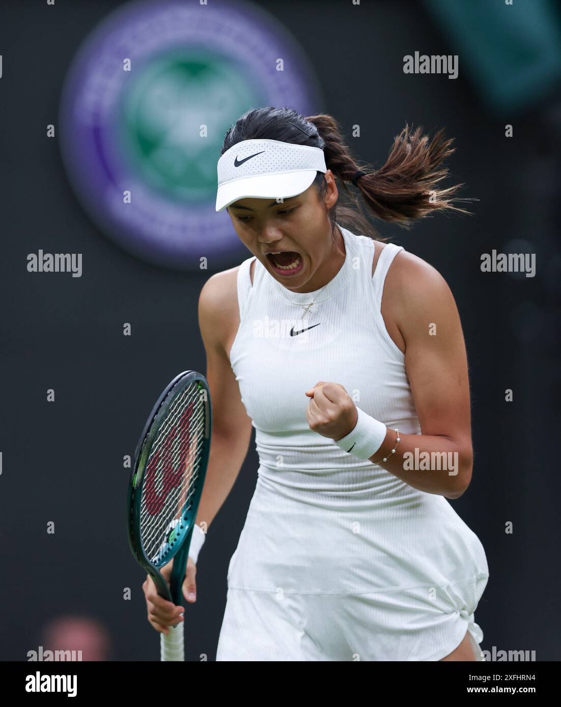 London, Britain. 3rd July, 2024. Emma Raducanu of Britain reacts during ...