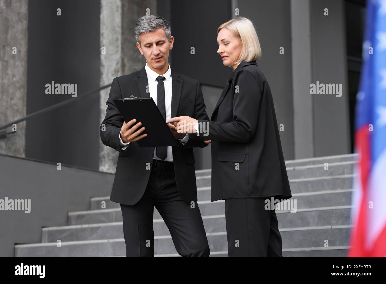 International relations. Diplomats talking during meeting outdoors ...