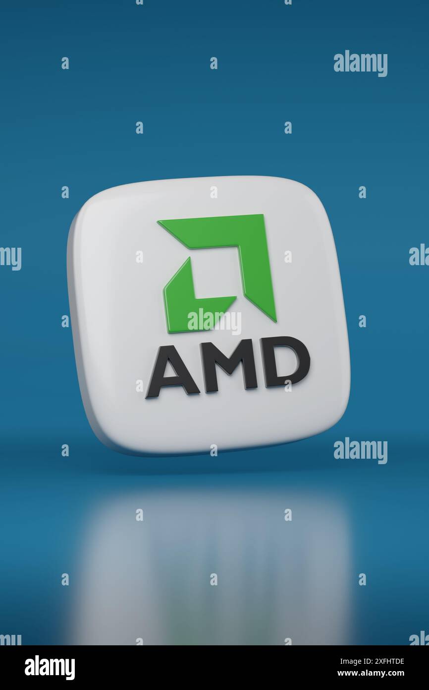 AMD logo in three dimensions on blue background. 3d illustration Stock ...