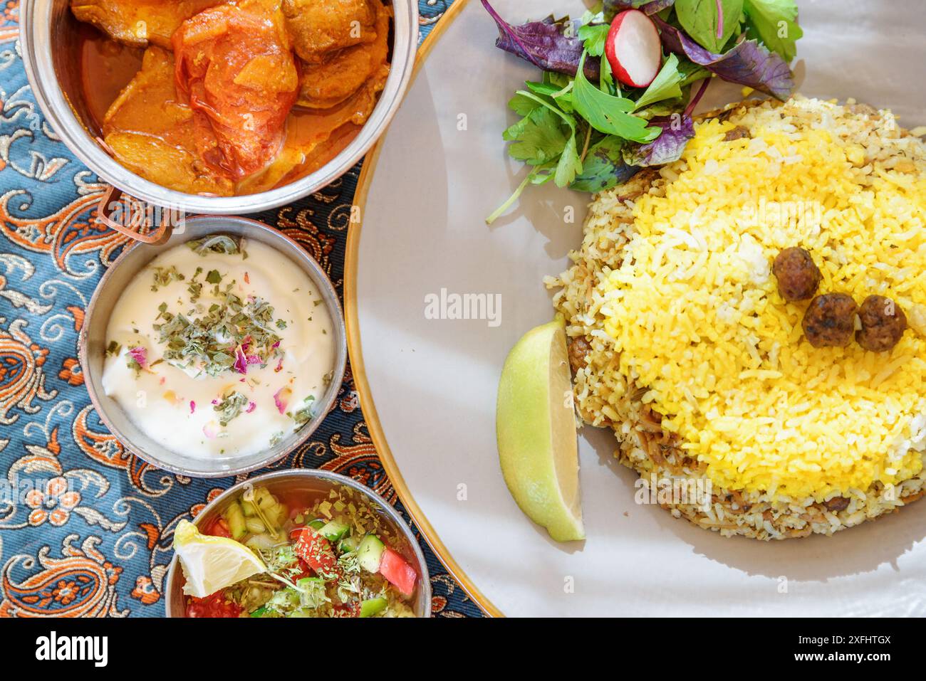 Wonderful top view of traditional Iranian dishes and snacks. Polow ...