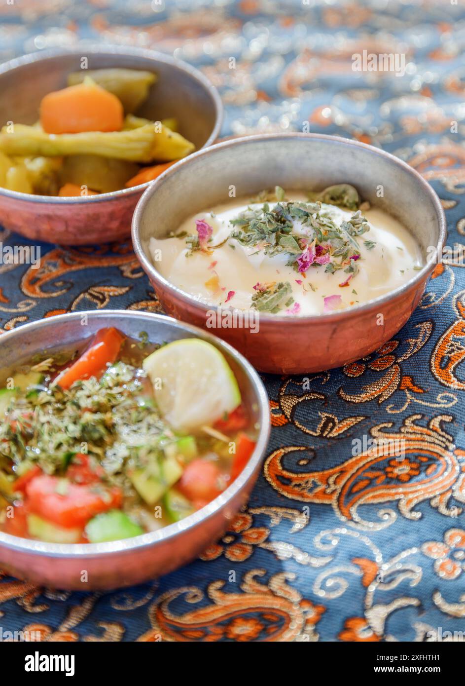 Tasty traditional Iranian snacks. Fresh vegetable salad, yogurt and ...