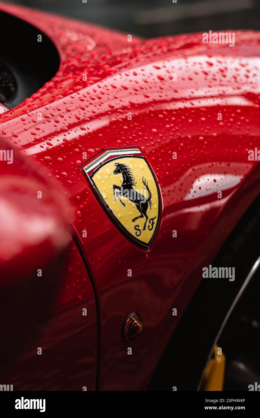Rosso Corsa Red Ferrari fronf fender scuderia ferrari badge, rain drops ...