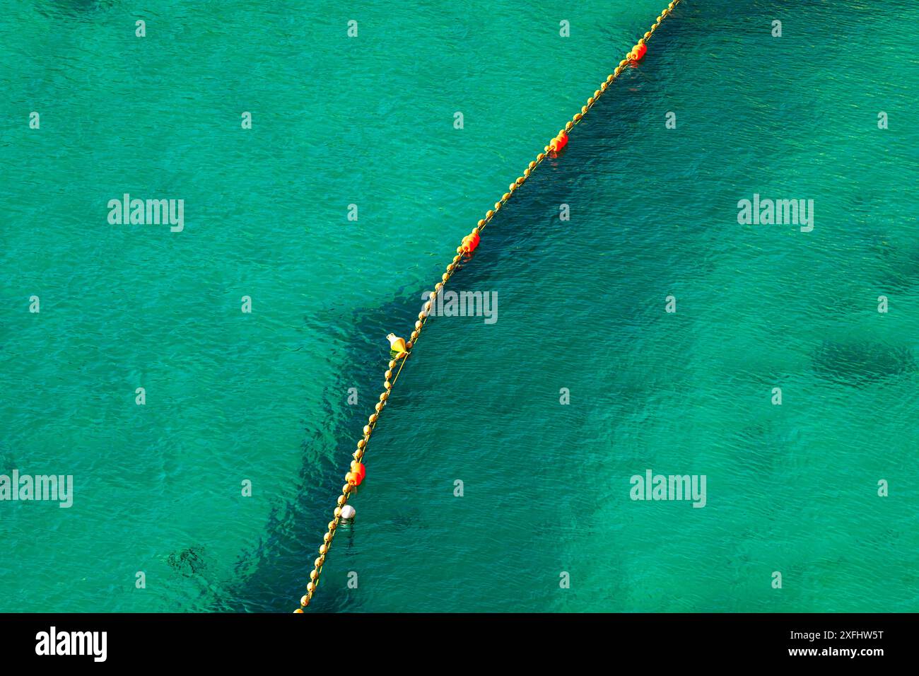 Rope tied to a buoy floating in the ocean. The rope is in the water ...