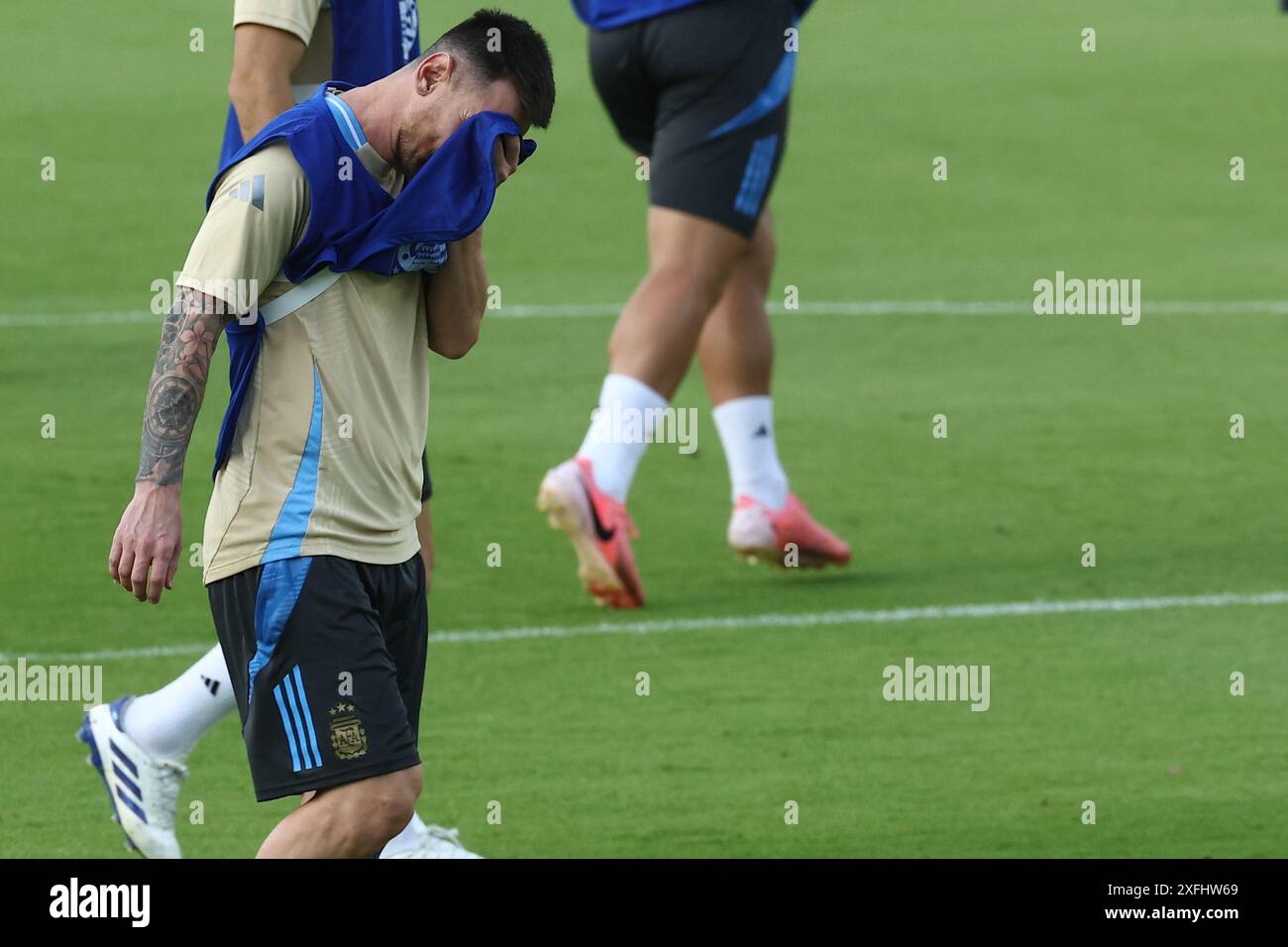 Argentina's forward Lionel Messi (front) gestures during a training ...