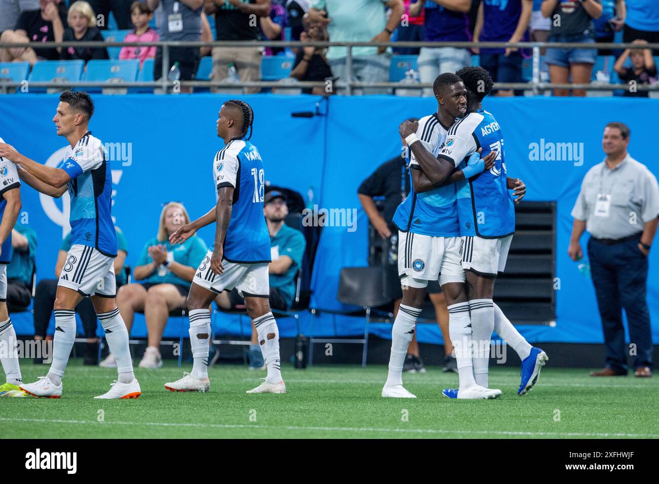 July 3, 2024: Charlotte FC midfielder Djibril Diani (28) hugs forward ...