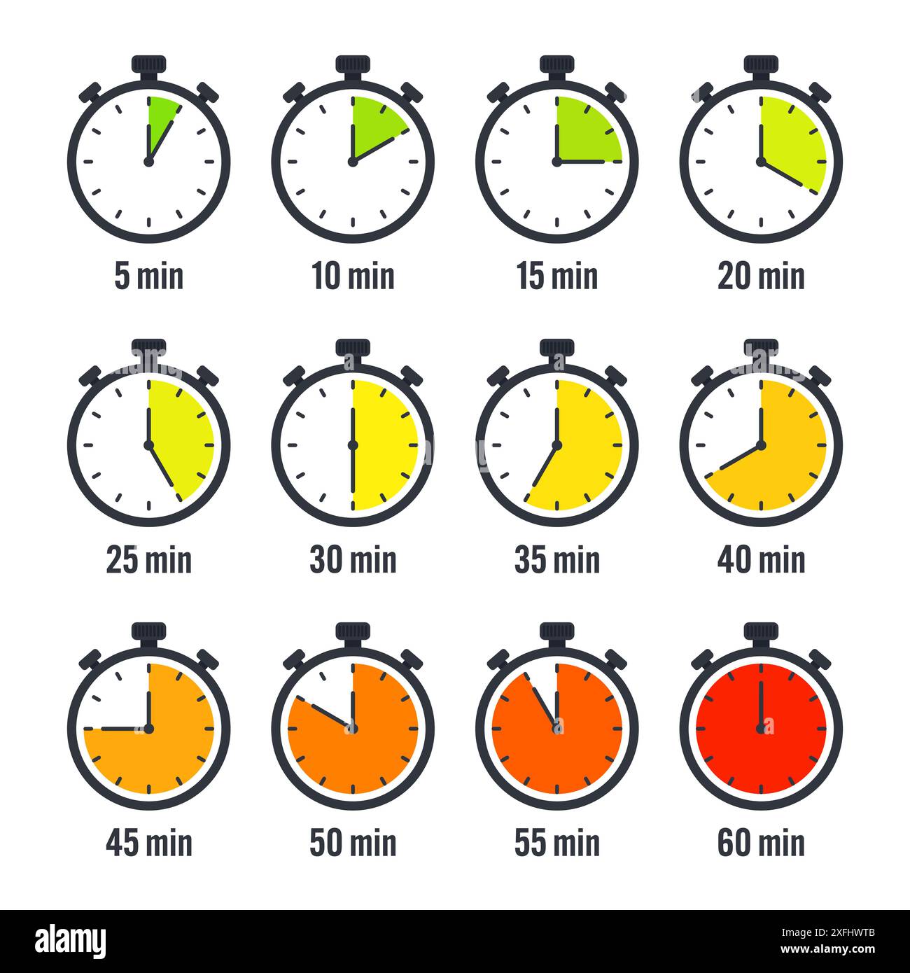 Stopwatch icons. Colorful simple chronometer, time counter with dial ...