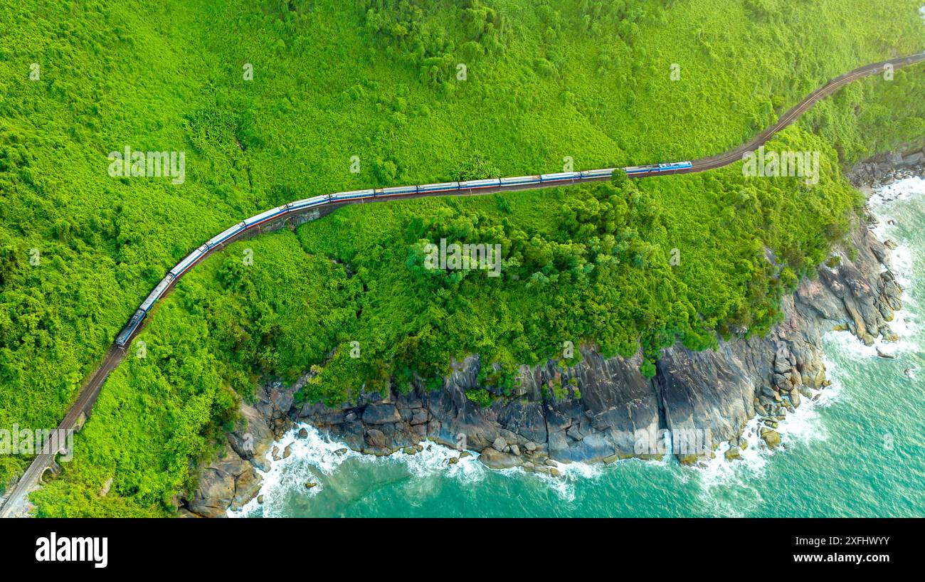 Aerial view of train and railway on Hai Van pass, Bach Ma mountain, Hue ...