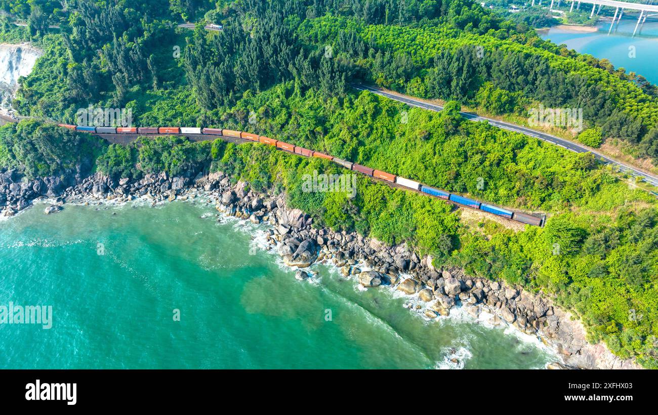 Aerial view of train and railway on Hai Van pass, Bach Ma mountain, Hue ...