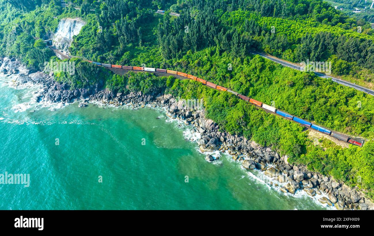 Aerial view of train and railway on Hai Van pass, Bach Ma mountain, Hue ...