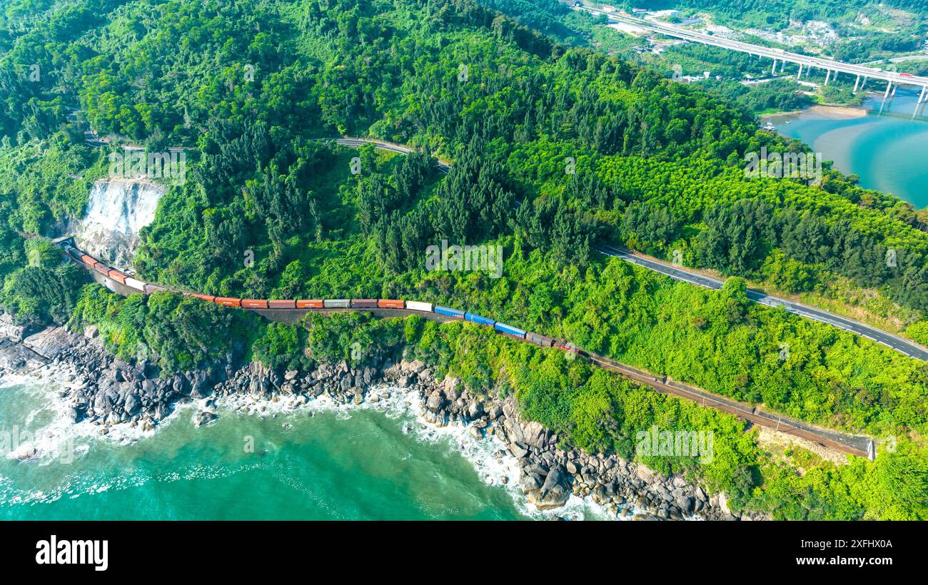 Aerial view of train and railway on Hai Van pass, Bach Ma mountain, Hue ...