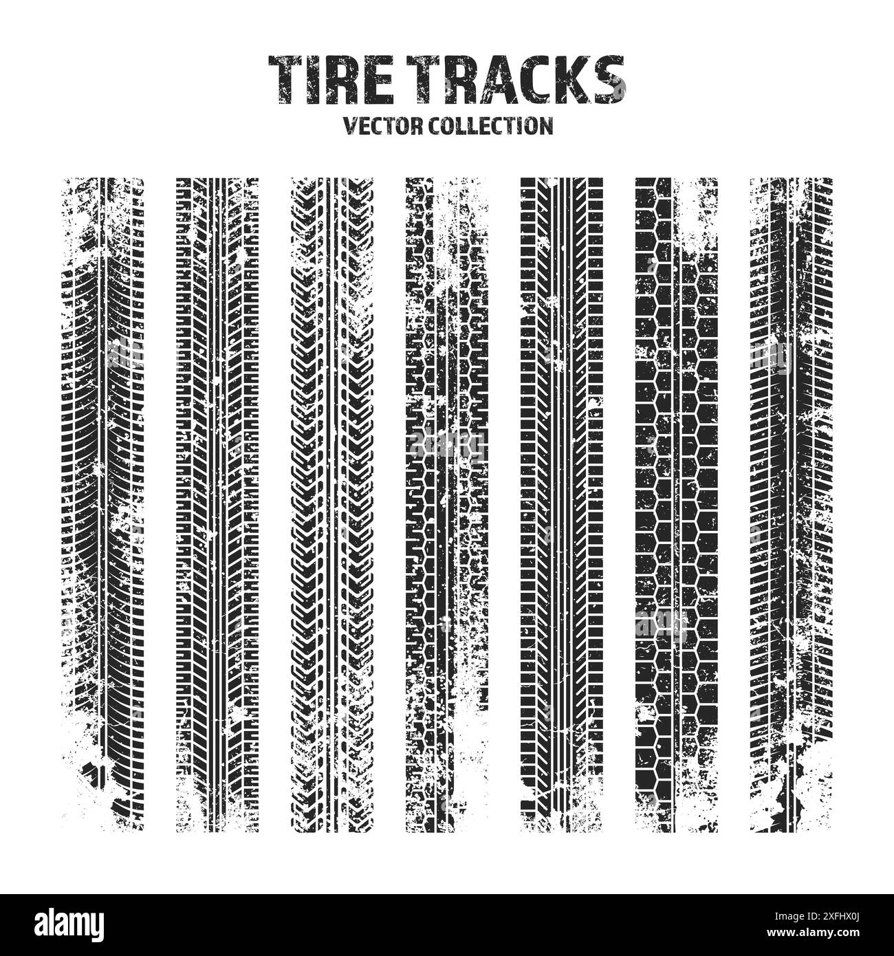 Grunge tire tracks, wheel braking marks. Truck, car or motorcycle tread ...