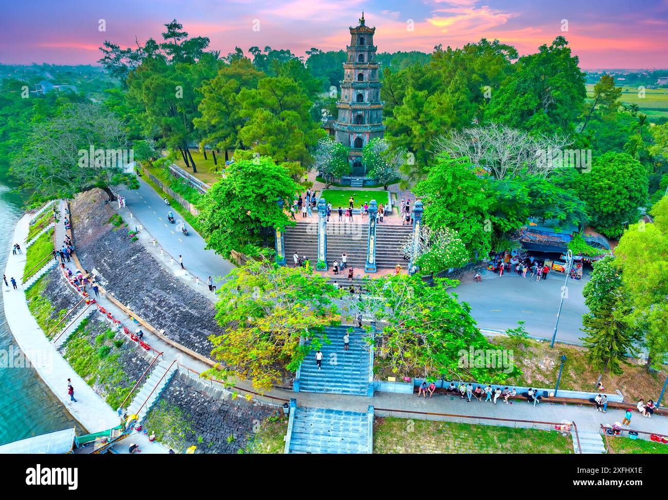 Aerial view of Thien Mu Pagoda is one of the ancient pagoda in Hue city ...