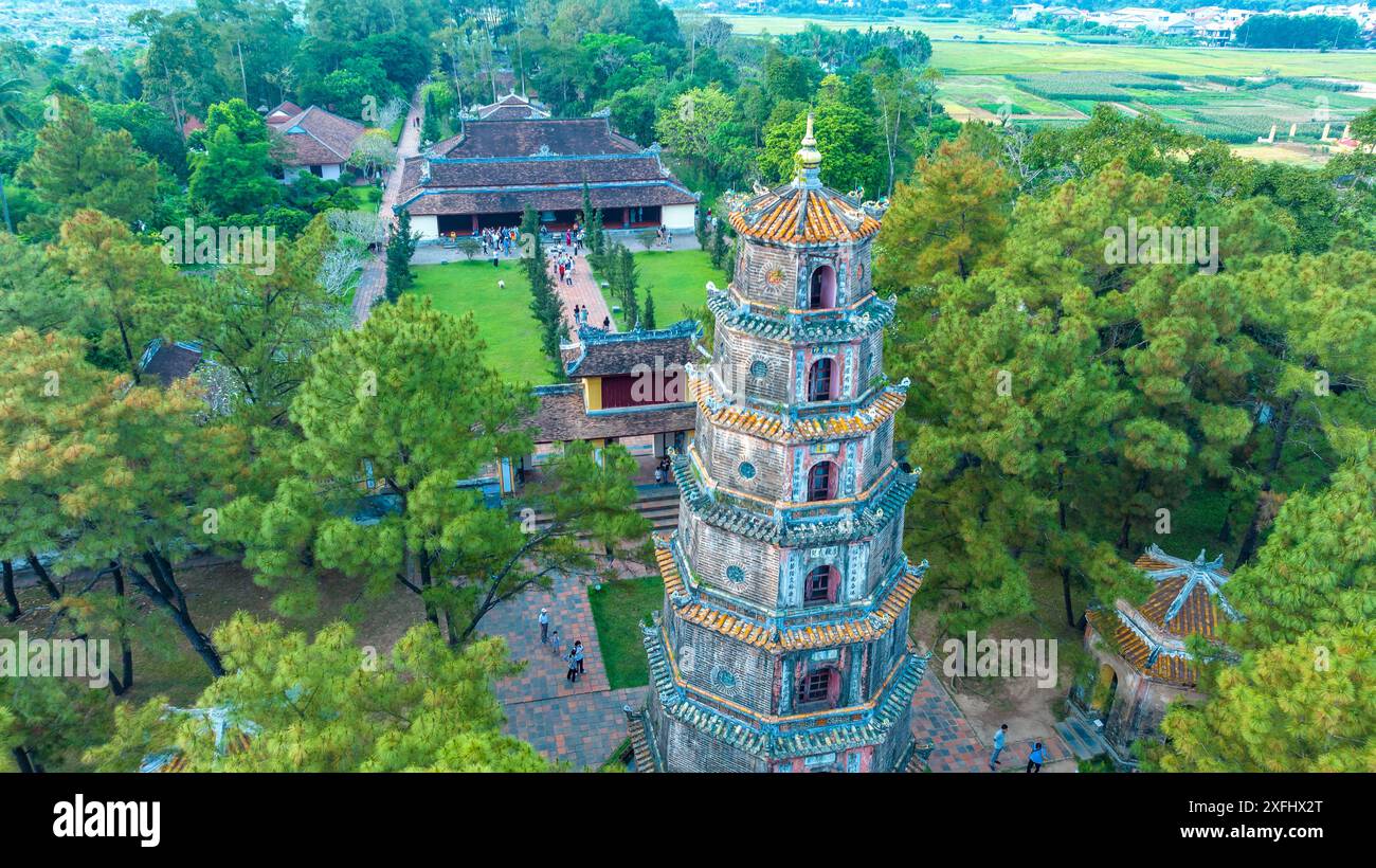 Aerial view of Thien Mu Pagoda is one of the ancient pagoda in Hue city ...