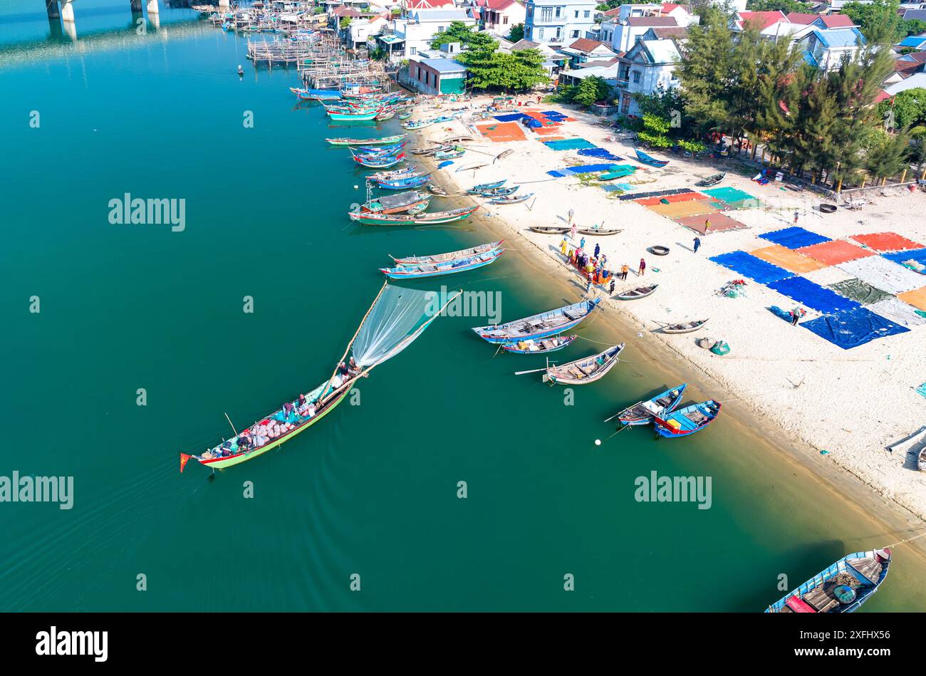 Lang Co Bay, Hue, Vietnam in the morning with a small fishing village ...
