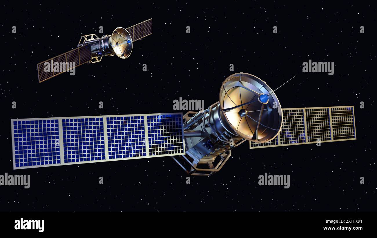 A 3D model of a blue satellite in orbit around the Earth. The satellite ...