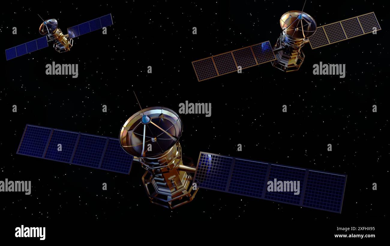 A 3D model of a blue satellite in orbit around the Earth. The satellite ...