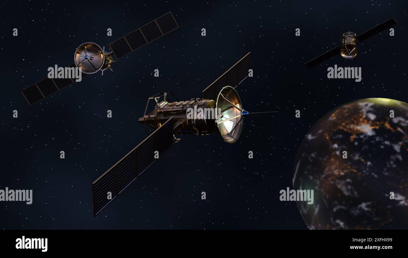 A 3D model of a blue satellite in orbit around the Earth. The satellite ...