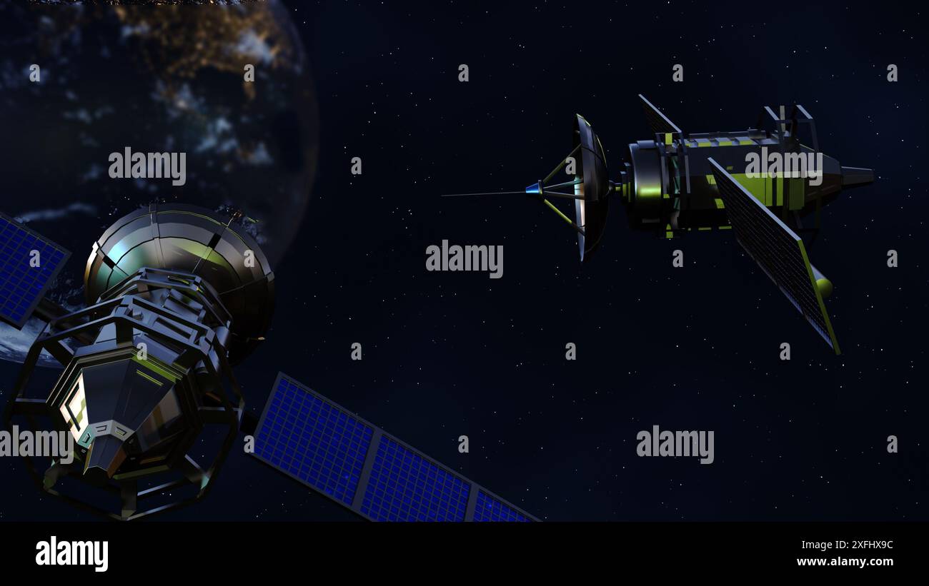 A 3D model of a blue satellite in orbit around the Earth. The satellite ...