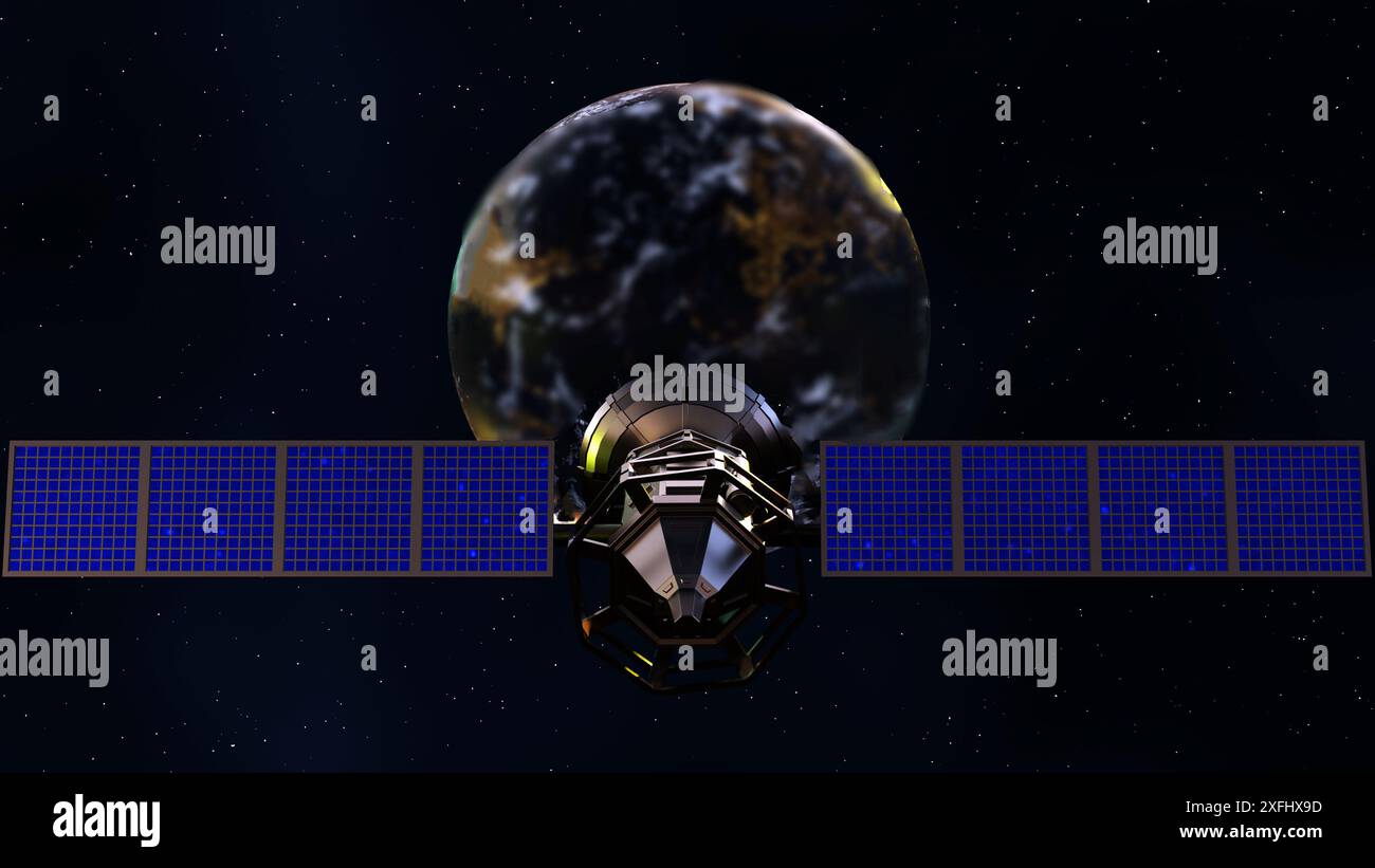 A 3D model of a blue satellite in orbit around the Earth. The satellite ...