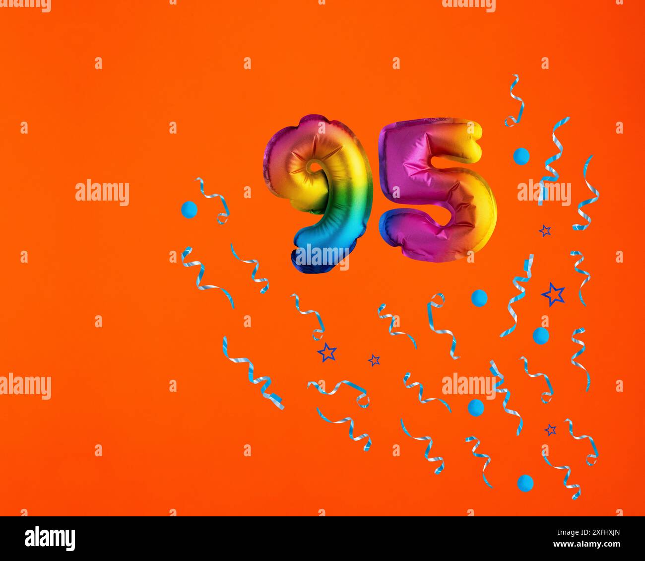Confetti explosion with number 95 balloon - Celebration on orange ...