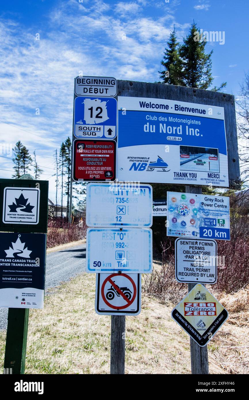 Various signs posted on the Trans Canada trail in Edmunston, New ...
