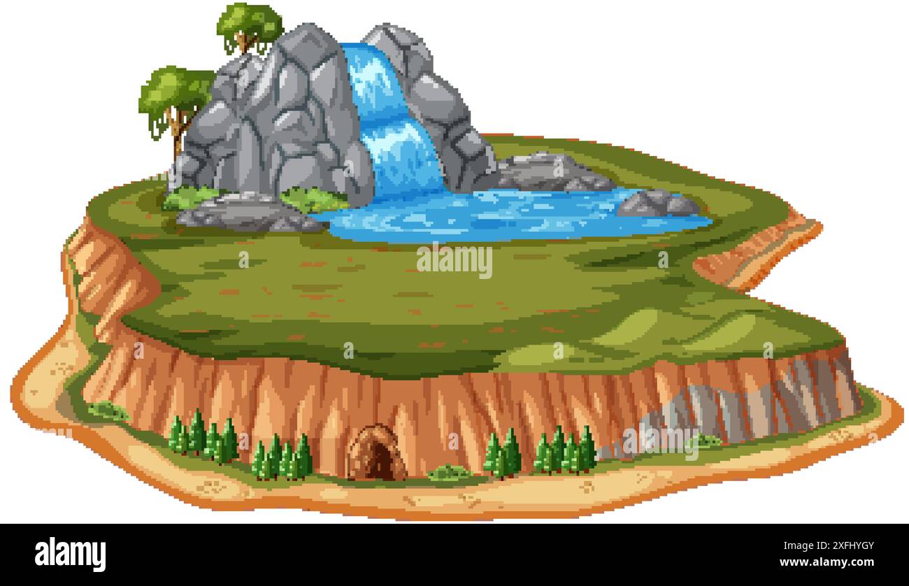 Illustration of a mountain, waterfall, and cave Stock Vector Image ...