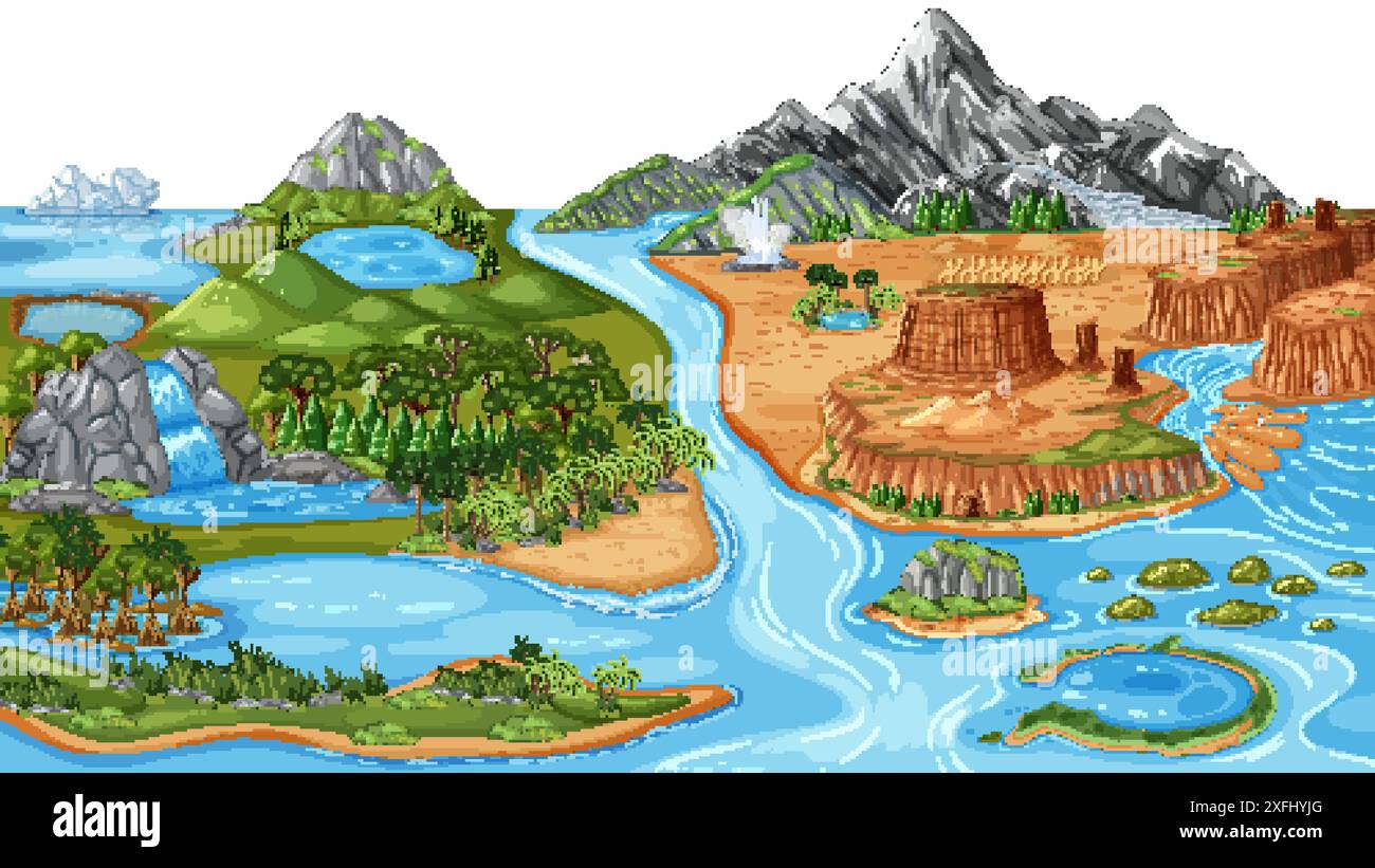 Depiction of various natural landscapes and water bodies Stock Vector ...