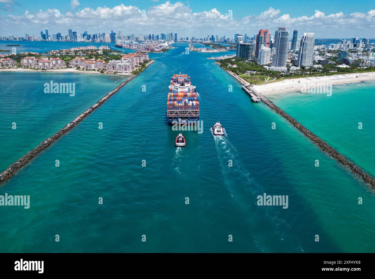 Miami, Florida, USA - June 06, 2024: Miami marina bay view. Cargo ship ...