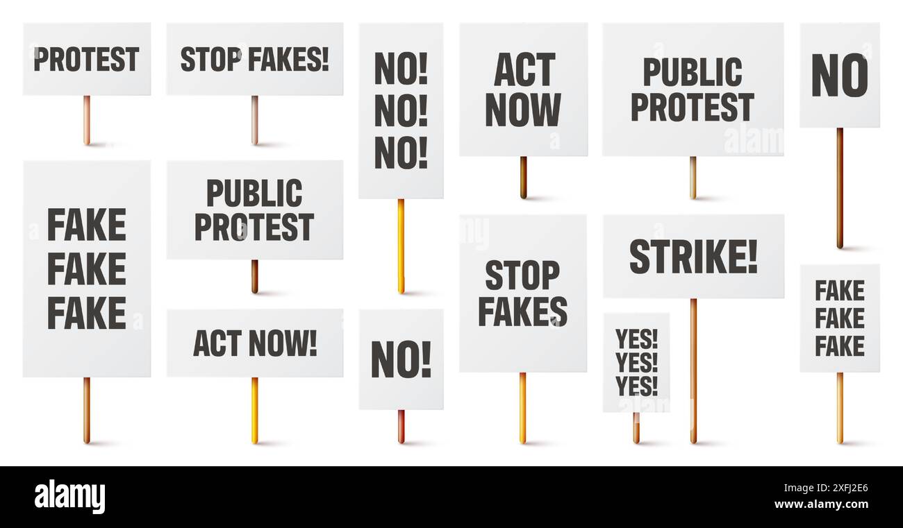 Blank white protest signs with text slogans on wooden holder. Various ...