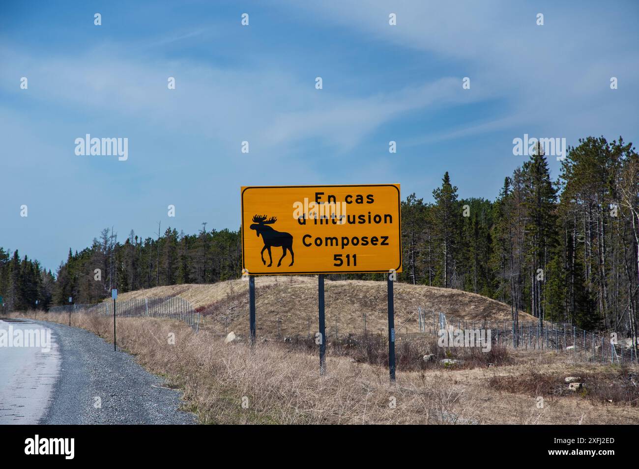 Moose warning sign in French on Autoroute 85 in Rivière-du-Loup, Quebec ...