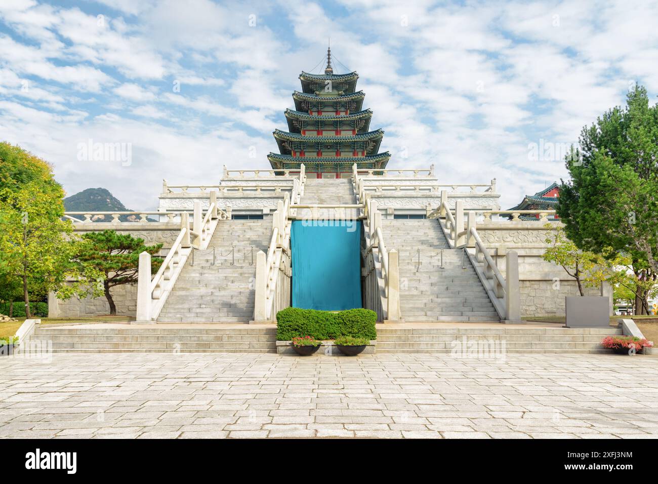 Scenic tower of the National Folk Museum of Korea on blue sky ...