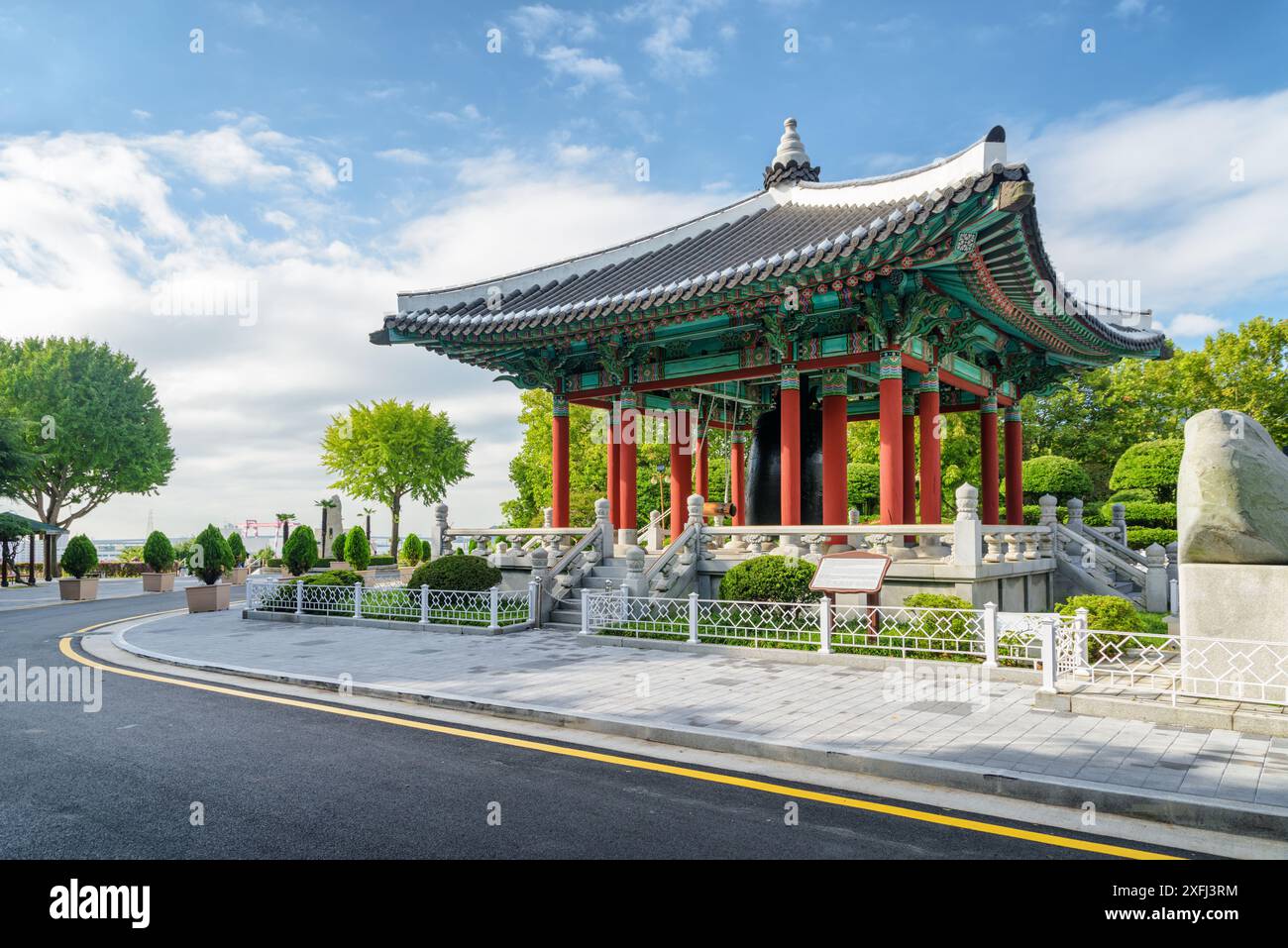 Colorful bell pavilion of traditional Korean architecture on blue sky ...