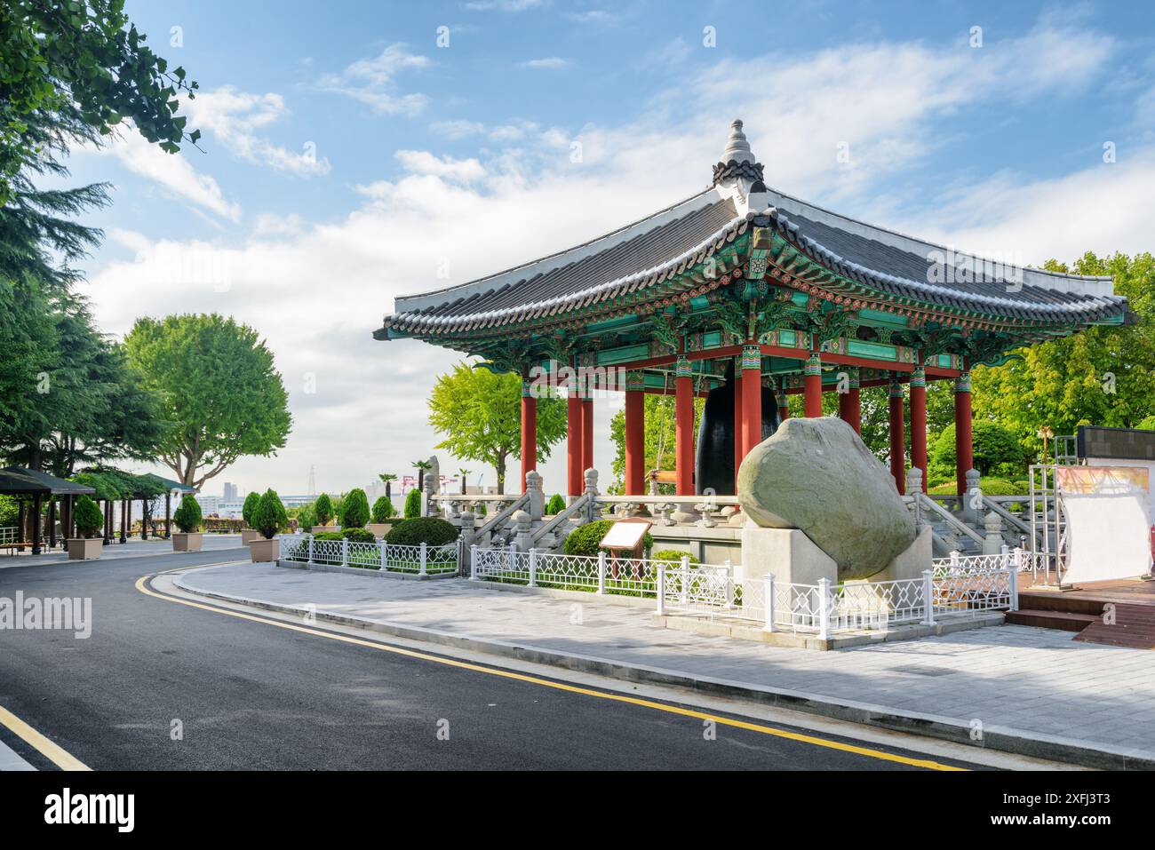 Colorful bell pavilion of traditional Korean architecture on blue sky ...