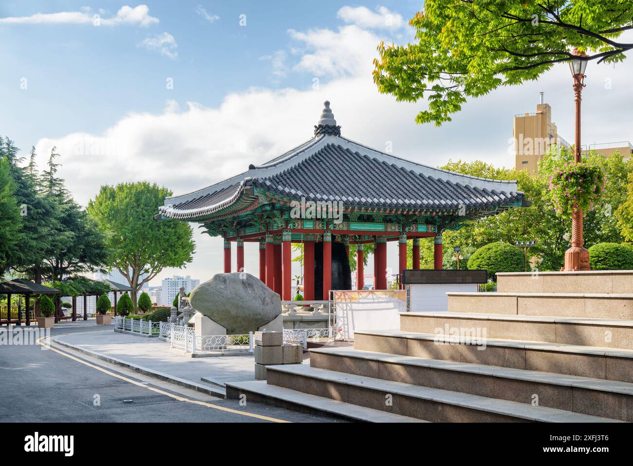 Colorful bell pavilion of traditional Korean architecture on blue sky ...