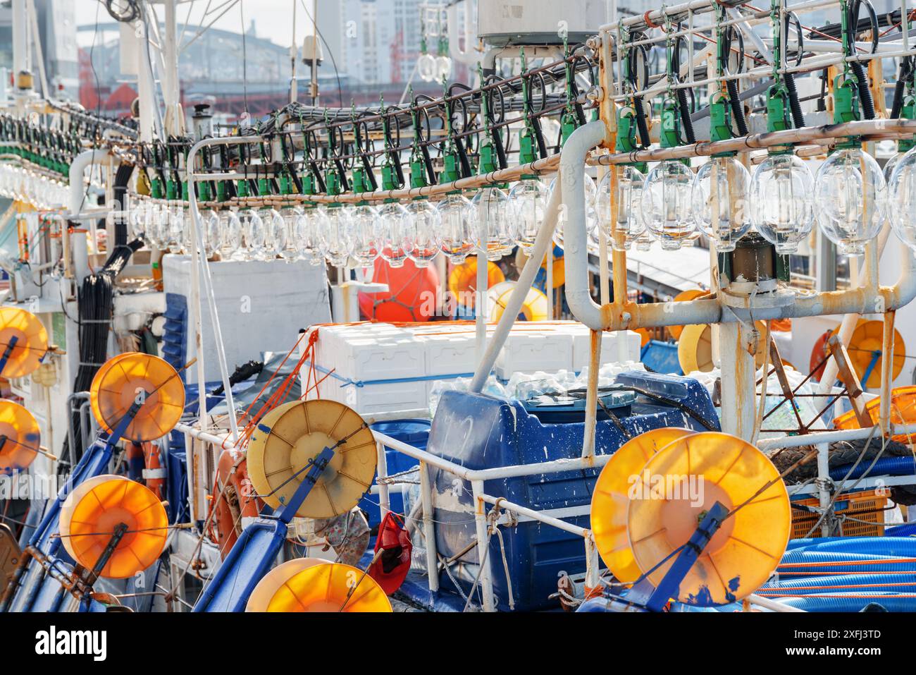 View of powerful lamps of vessel for night fishing and other details of ...